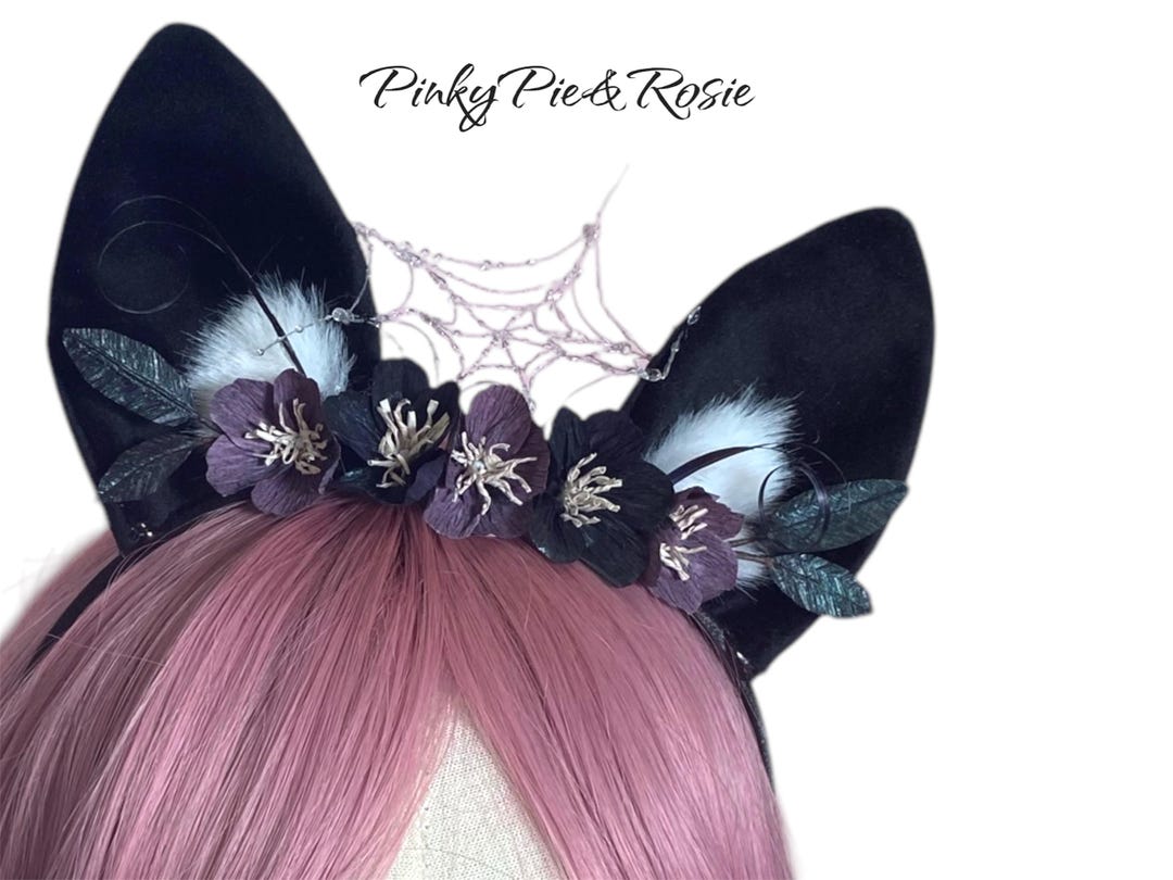 Childs and Ladies Black Cat Ears Headband With Handmade Paper Flowers ...