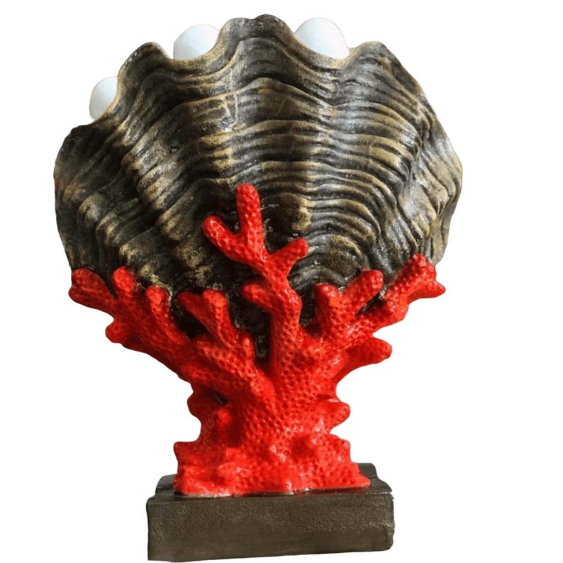 Elegant Clam Shell Vase With Coral Base, Coastal Decor Statue, Nautical ...