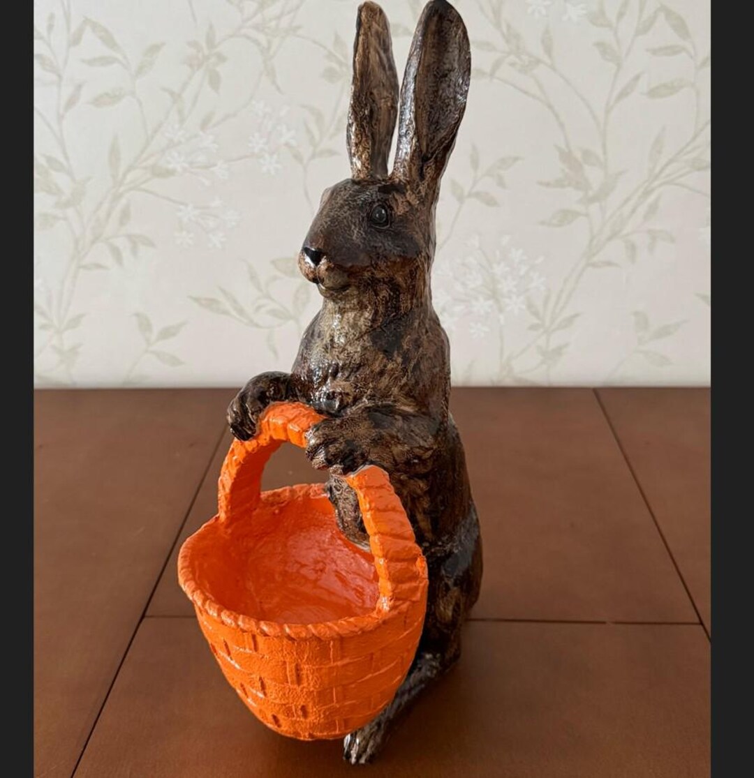 Rabbit Sculpture With Basket, Decorative Bunny Figurine, Easter Home ...