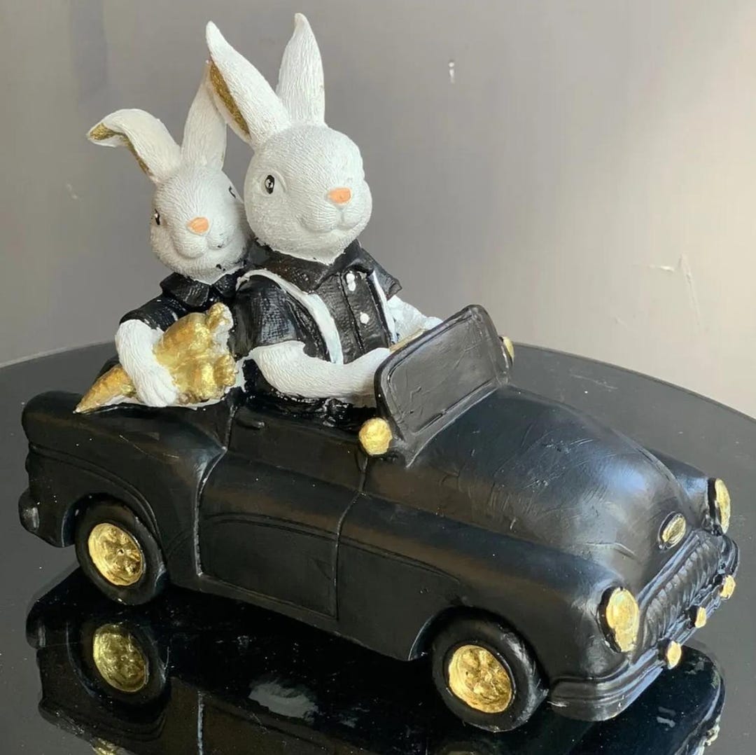 Bunny Figurine in Car, Rabbit Couple Sculpture, Rabbit Figurine Car ...