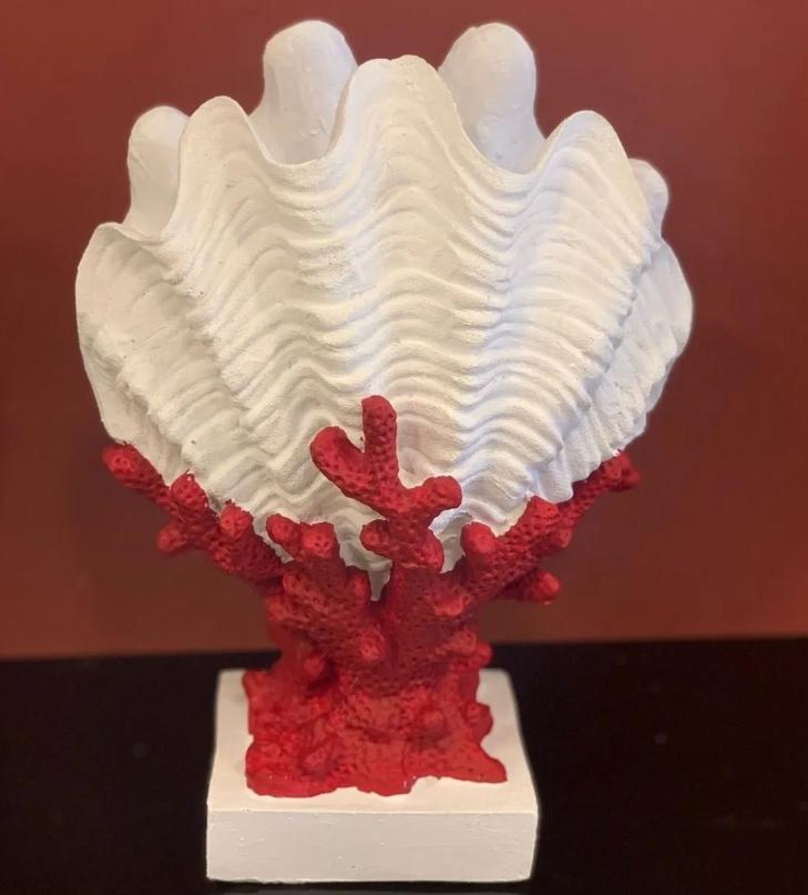Elegant Clam Shell Vase With Coral Base, Coastal Decor Statue, Nautical ...
