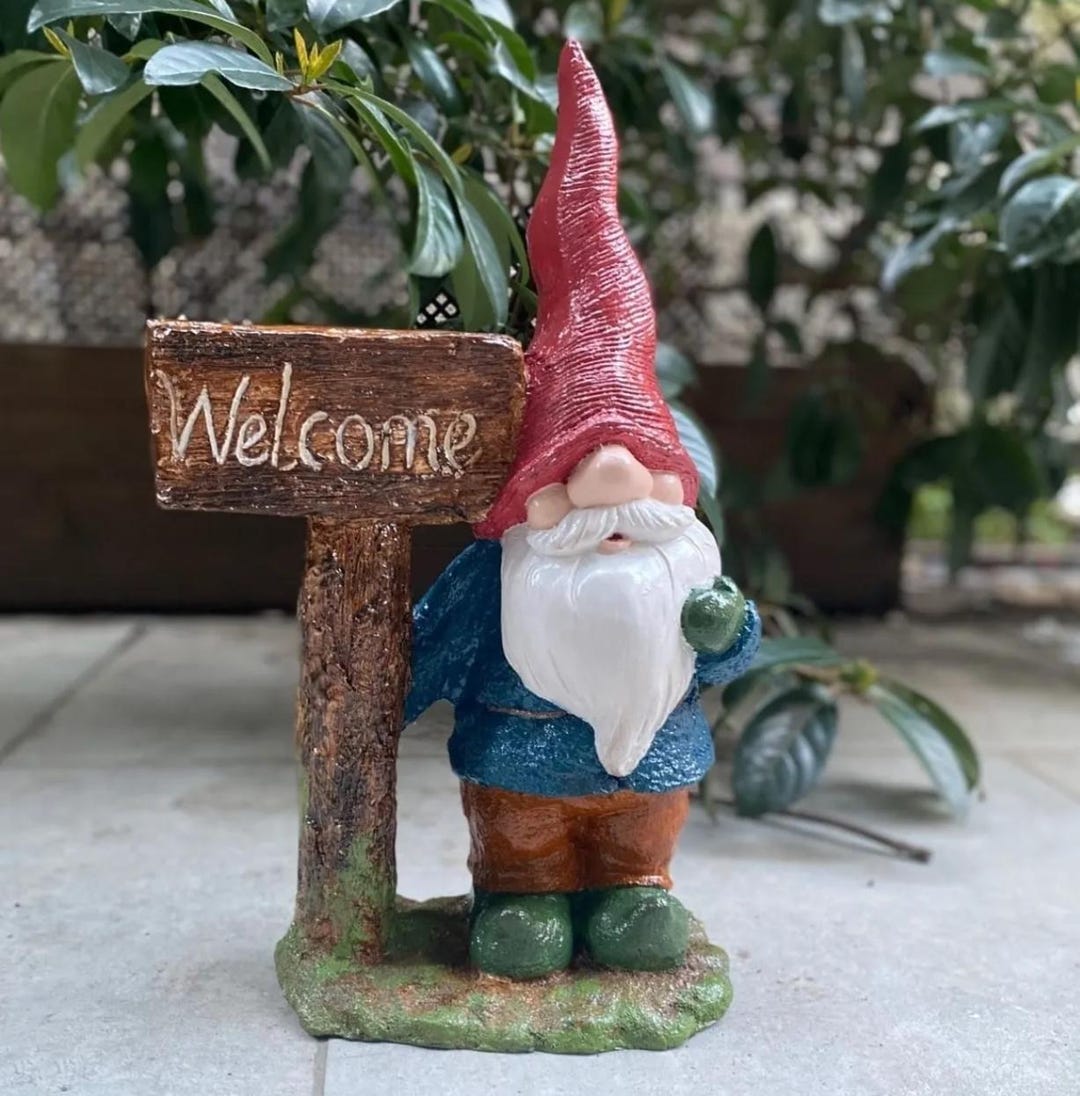 Large Garden Gnome Welcome Sign for Outdoor Decor, Garden Gnome Statue ...