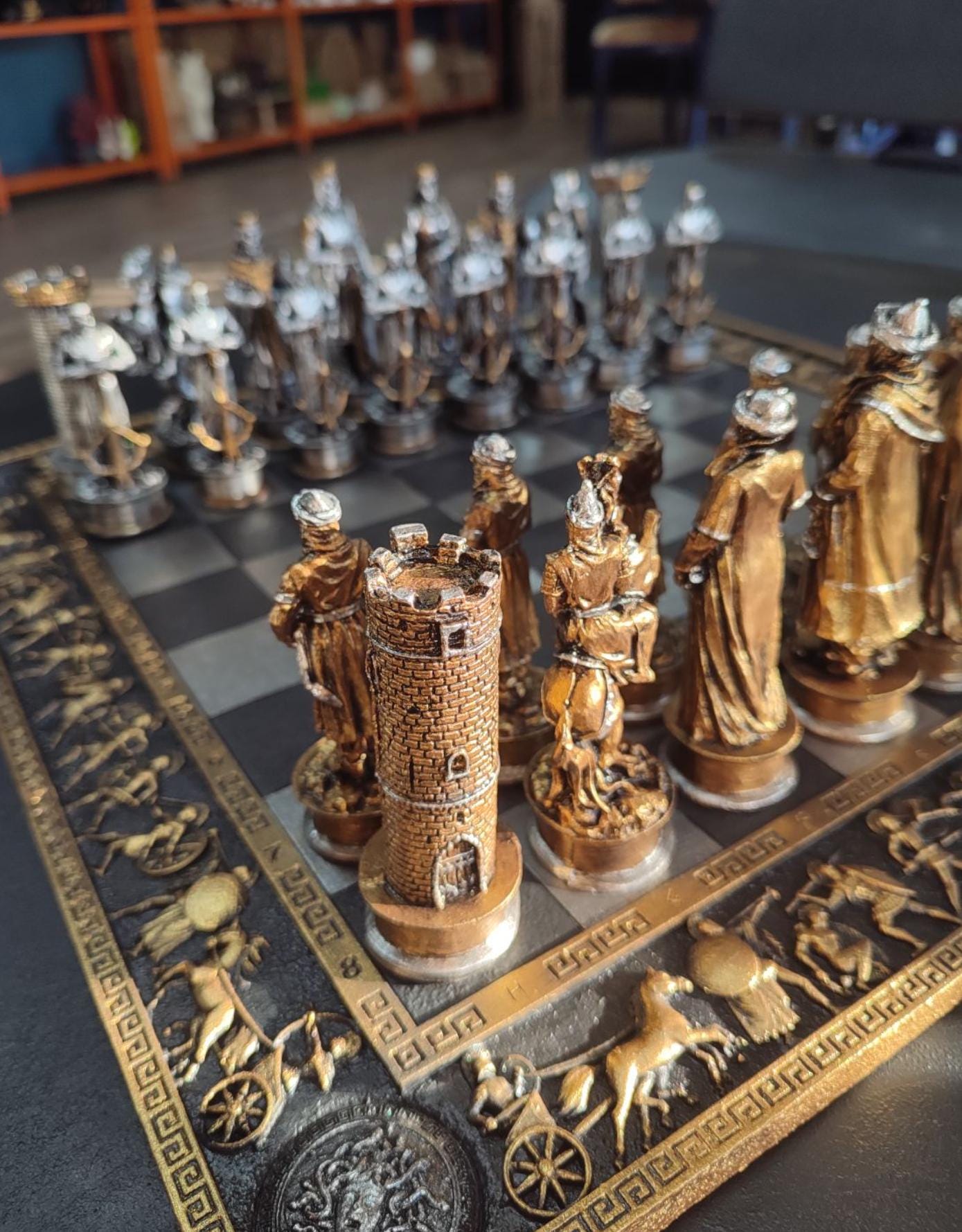 Historical Chess Set With Decorative Board, Medieval Chess Set With ...