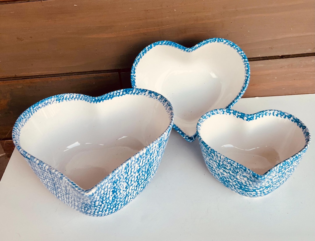 Vintage ABC Exclusive Blue Speckled Spongeware Heart Nesting Bowls Set ...