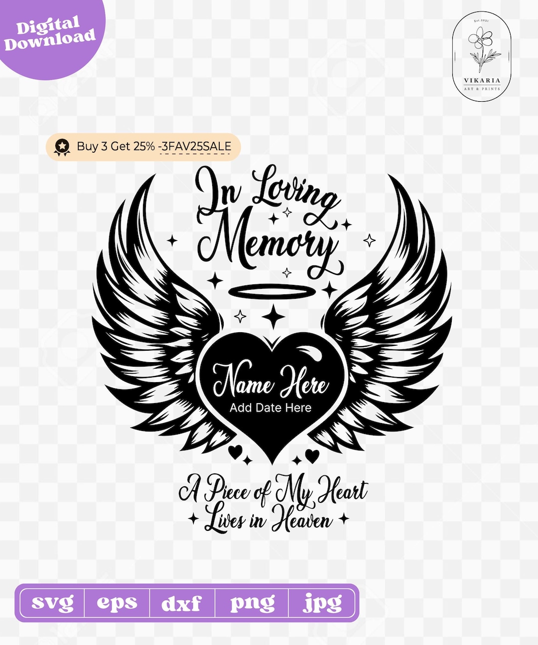 In Loving Memory Angel Wings SVG Angel Wings Heart Halo Heaven Add Name ...