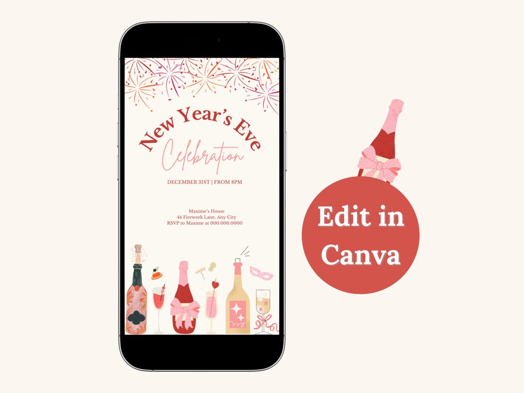 New Years Eve Invitation Template Canva, Editable NYE Invitation, Pink ...