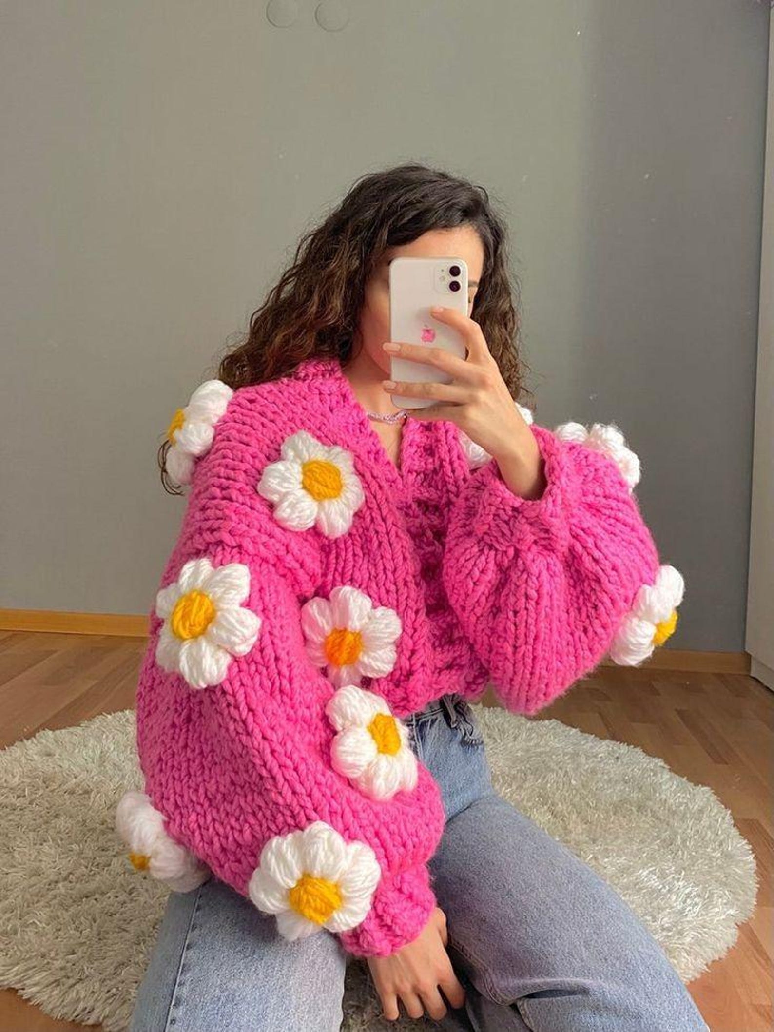 Daisy Cardigan, Floral Cardigan, Thick Knit, Handmade, Oversized ...