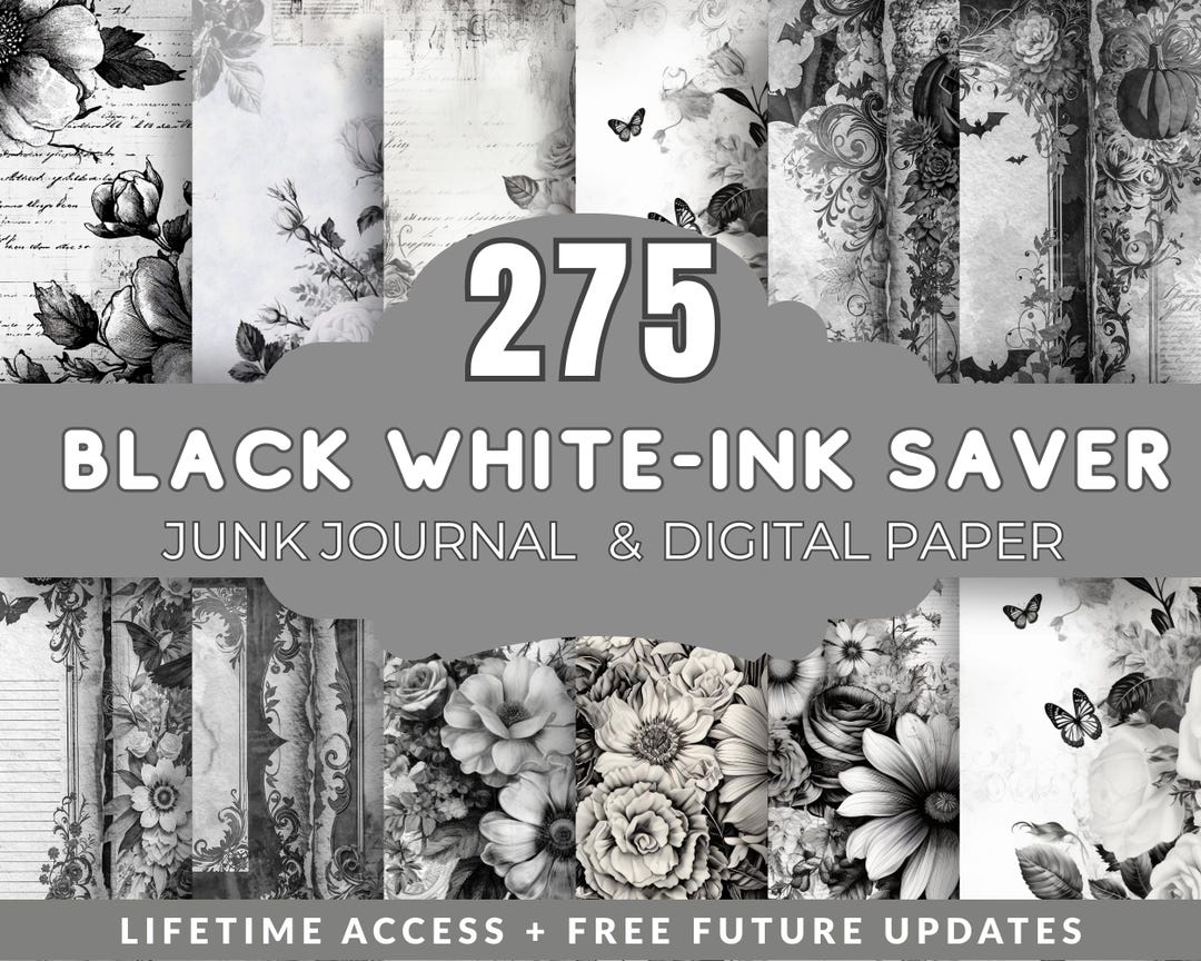 275 Black White Digital Paper Pack, Ink Saver Junk Journal Pages ...