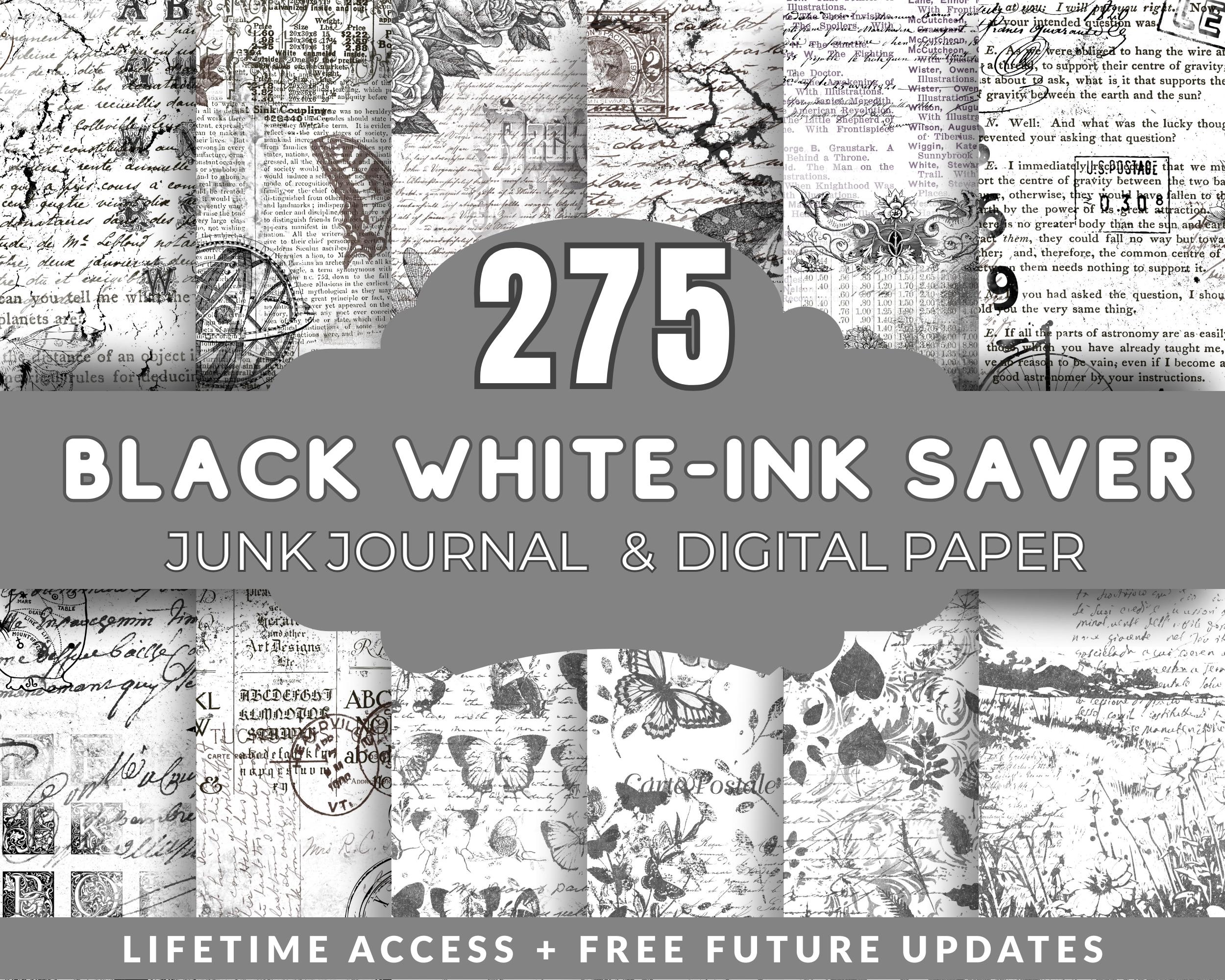 275 Black White Digital Paper Pack, Ink Saver Junk Journal Pages ...