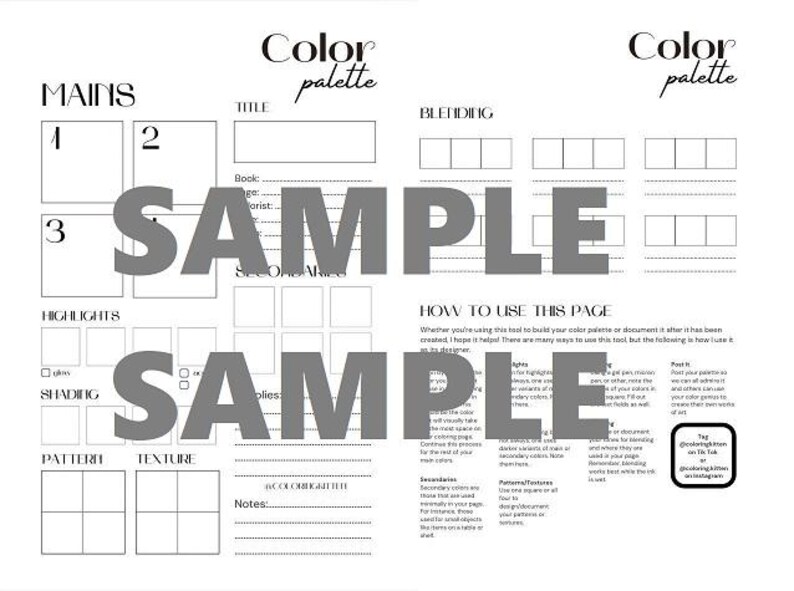 Color Palette Planner or Documenter for Coloring, Colorists, and ...