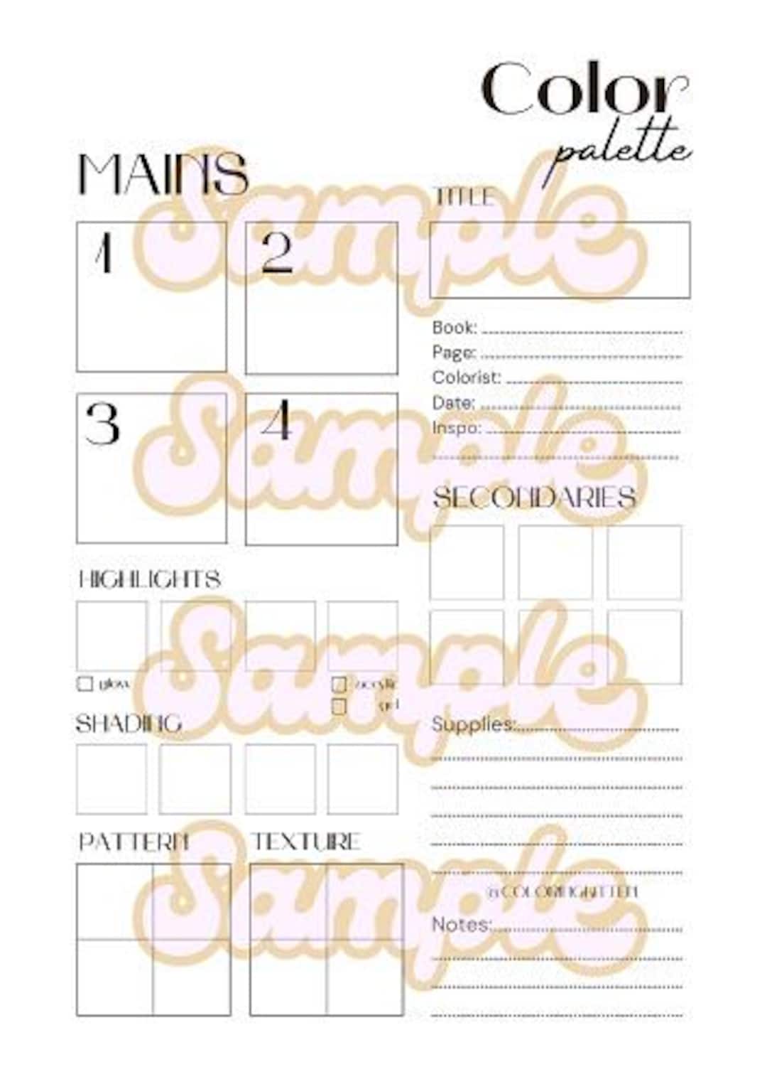 Color Palette Planner or Documenter for Coloring, Colorists, and ...
