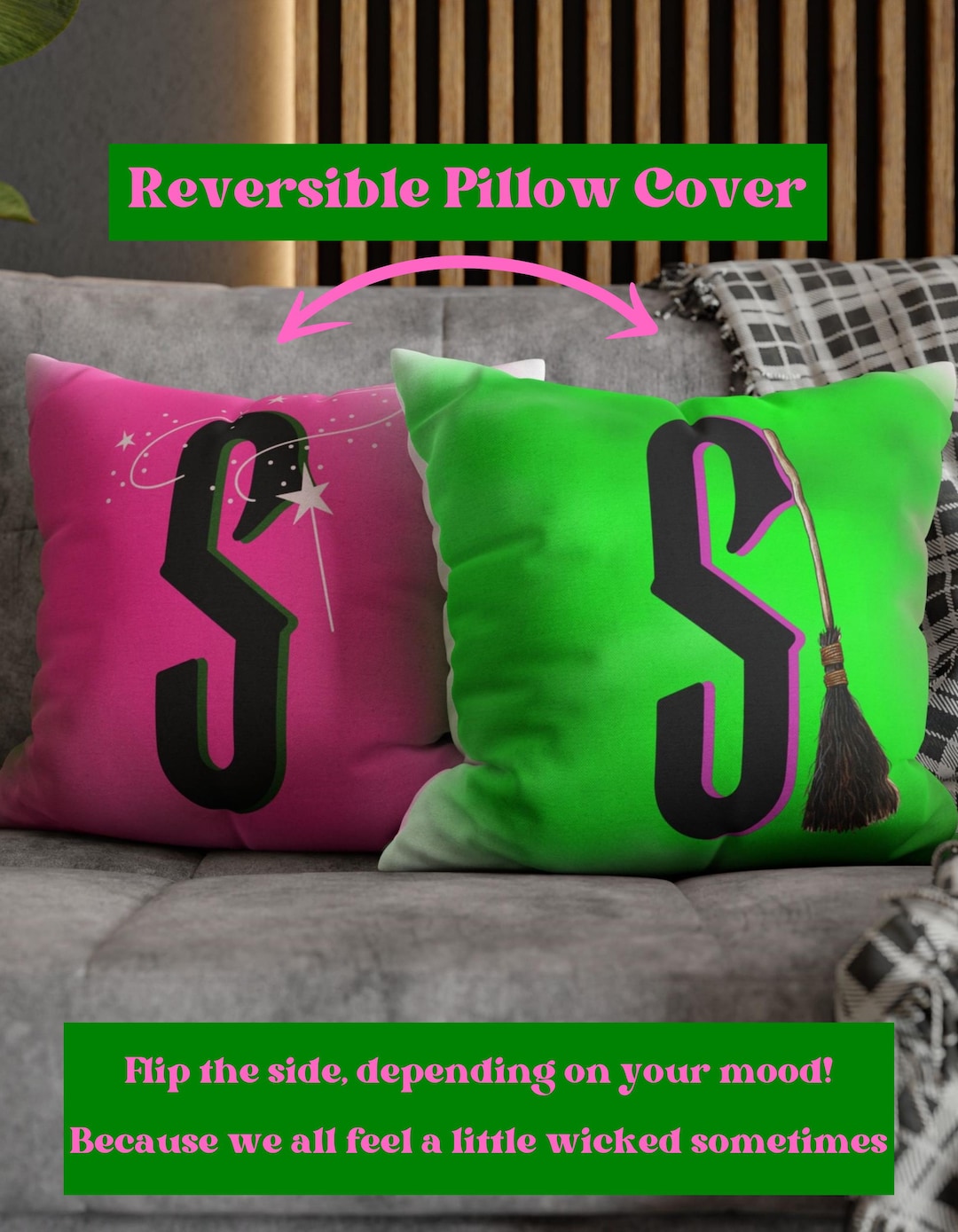 Reversible Wicked Pillow Cover Personalized Wicked Decor Elphaba Glinda ...
