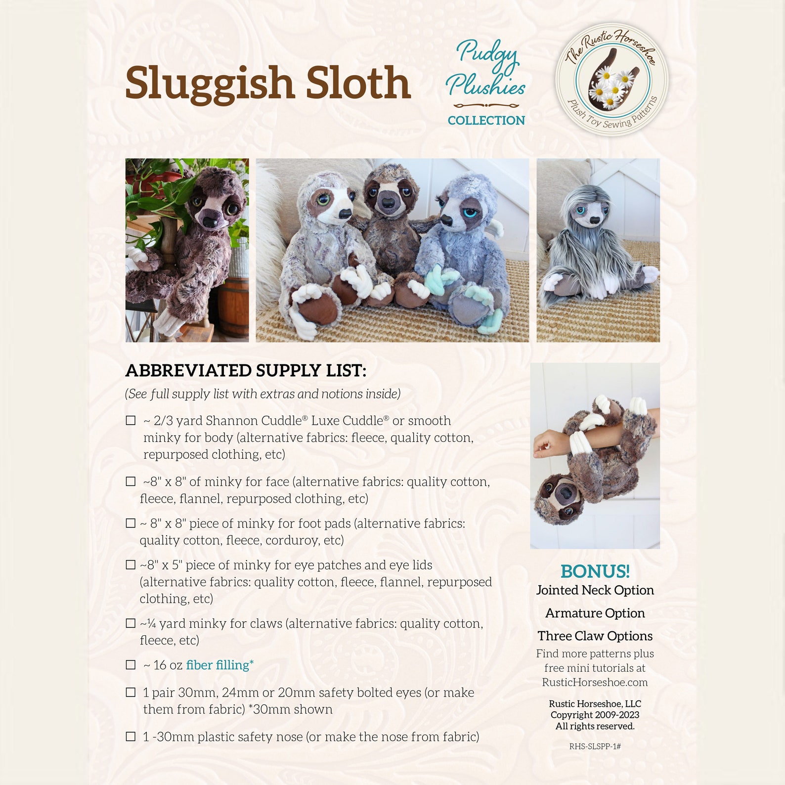 Sluggish Sloth Pudgy Plushie Sewing Pattern and Tutorial Stuffed Animal ...