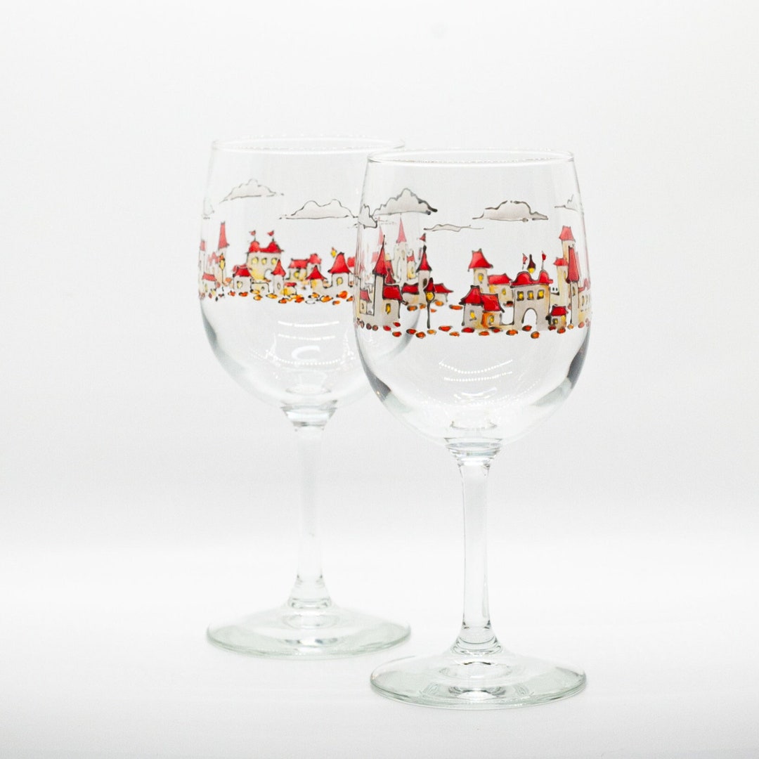 Hand Painted Set of Two Wine Glasses With Medieval Castle Town Design ...