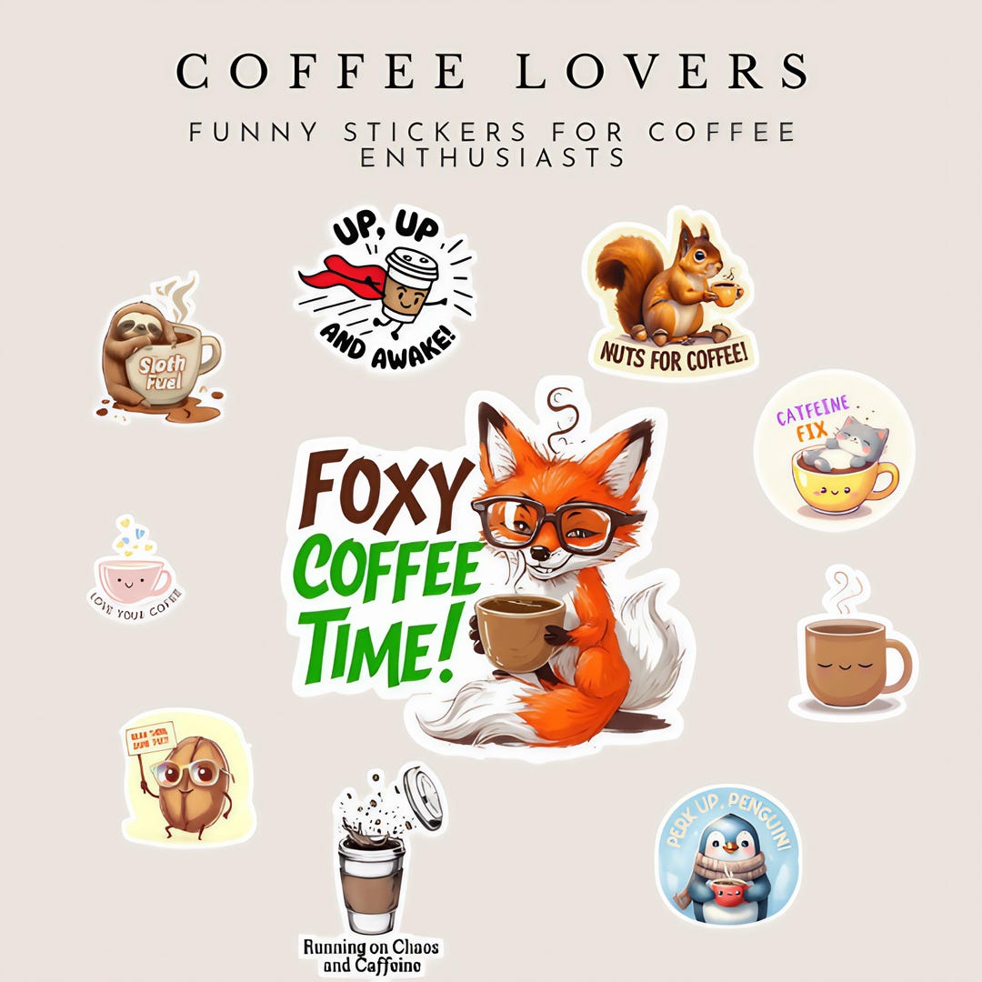 10 Coffee-themed Digital Stickers | Printable Funny Coffee Stickers for ...