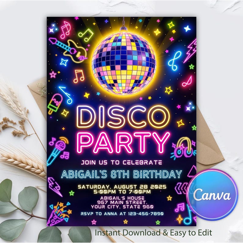 Editable Neon Disco Party Invitation Template (digital Download) - Etsy