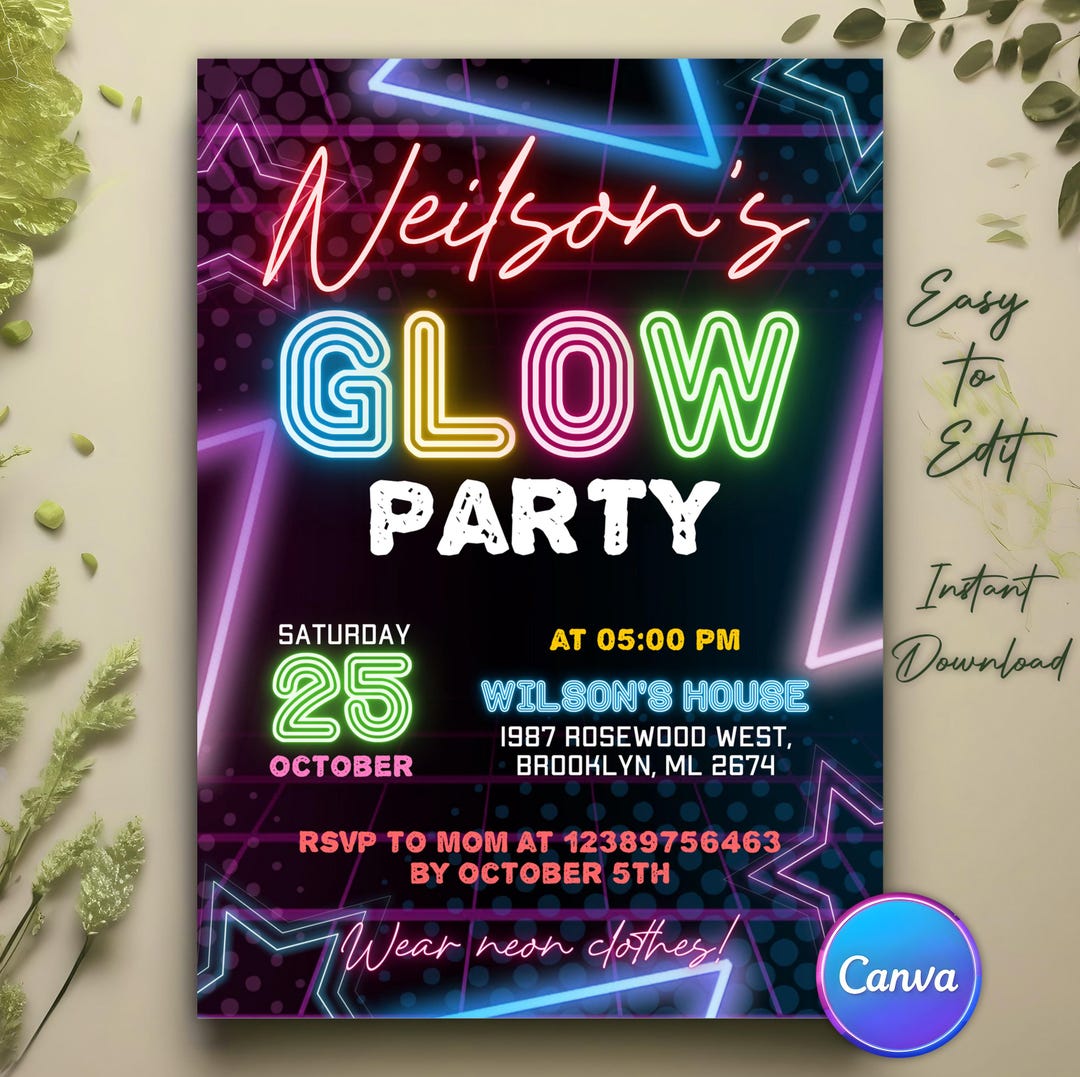 Glow Party Birthday Invitation, Neon Glow Party Invitation, Glow Crazy ...