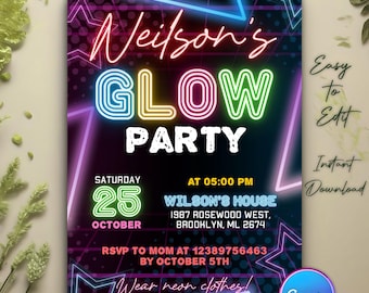 Editable Glow Birthday Invitation, Neon Glow Party Invite, Neon Lights ...