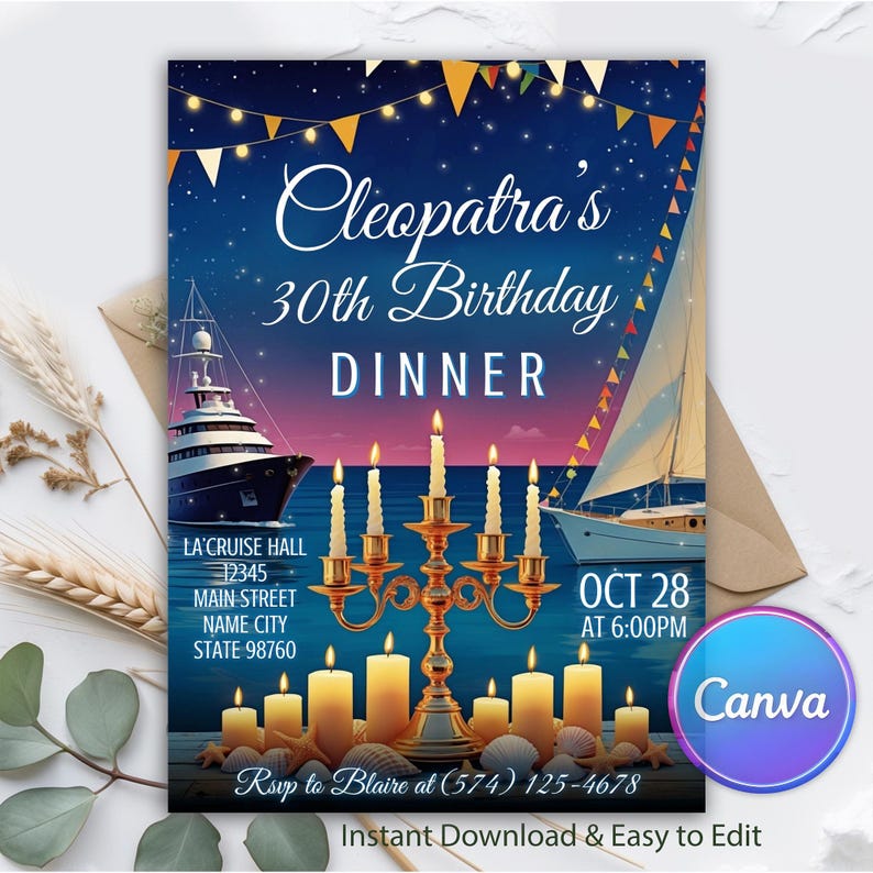 Yacht Birthday Dinner Invitation, Boat Party Invite, Canva Template ...