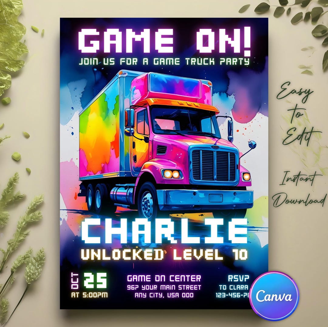 Editable Video Game Truck Birthday Invitation, Gamer Truck Party Invite ...