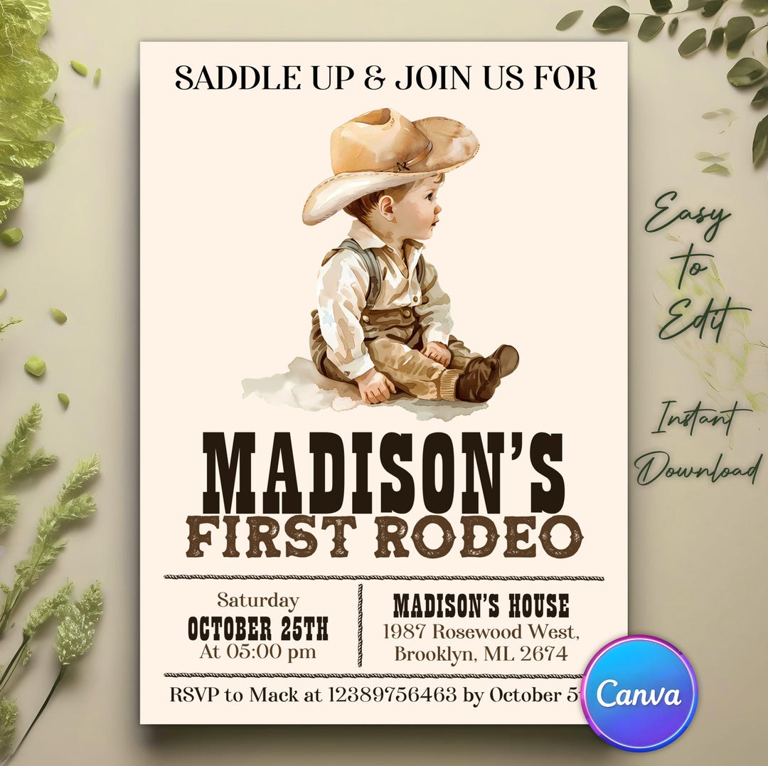 First Rodeo Invitation Template, Wild West Birthday Invite, Cowboy ...