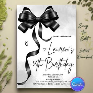 Black Bow Birthday Invitation, Minimalist Black Bow Birthday Invite ...