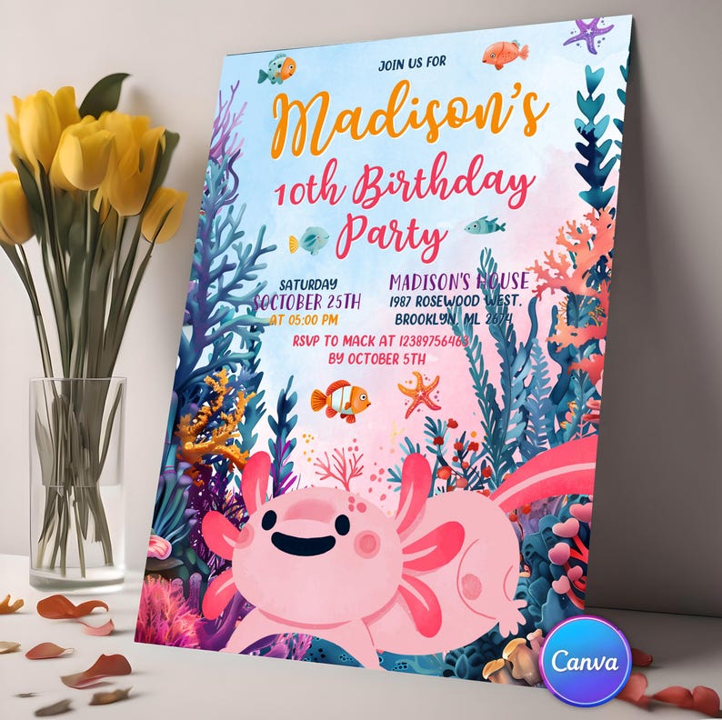 Editable Axolotl Birthday Invitation, Axolotl Party Invite, Cute ...