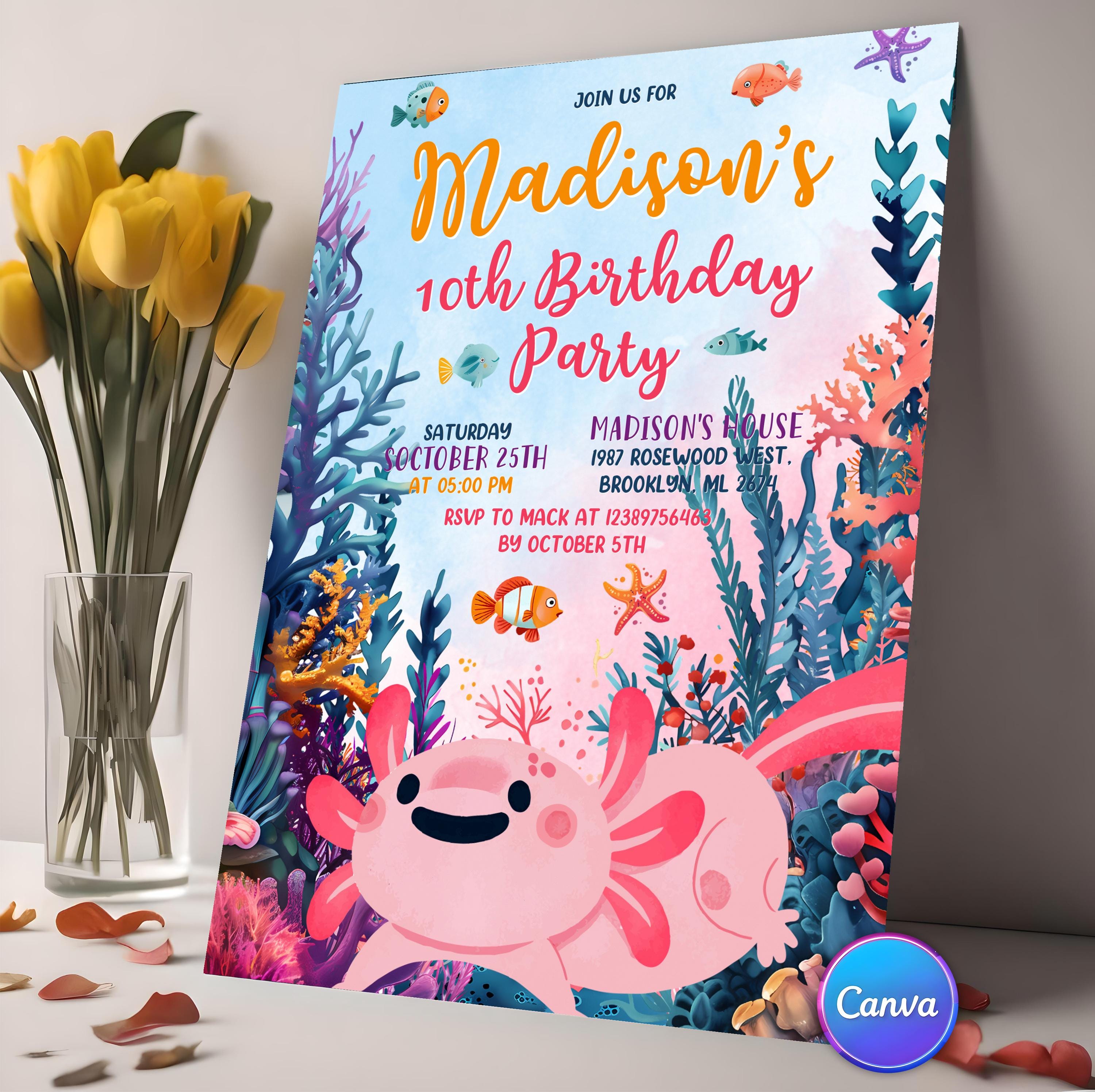 Editable Axolotl Birthday Invitation, Axolotl Party Invite, Cute ...