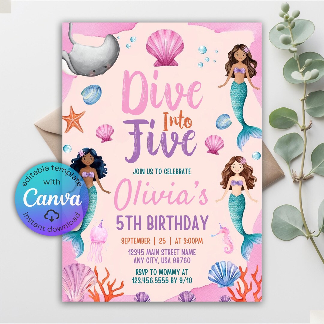 Dive Into Five Mermaid Birthday Invitation, Dive Into 5 Birthday, Pink ...
