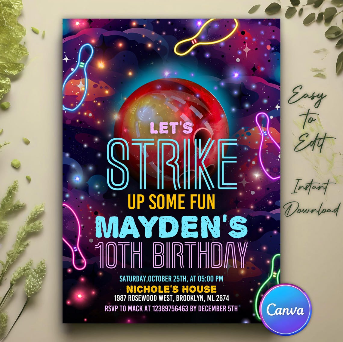 Editable Bowling Birthday Invitation, Bowling Party Invitation, Strike ...