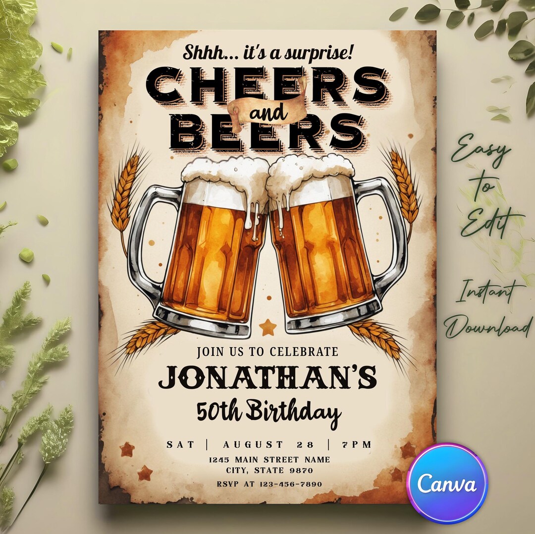 Cheers and Beers Birthday Invitation, Rustic Mugs of Beer Party Invite ...