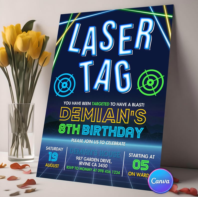 Laser Tag Birthday Party Invitation, Laser Tag Invitation, Neon Glow ...