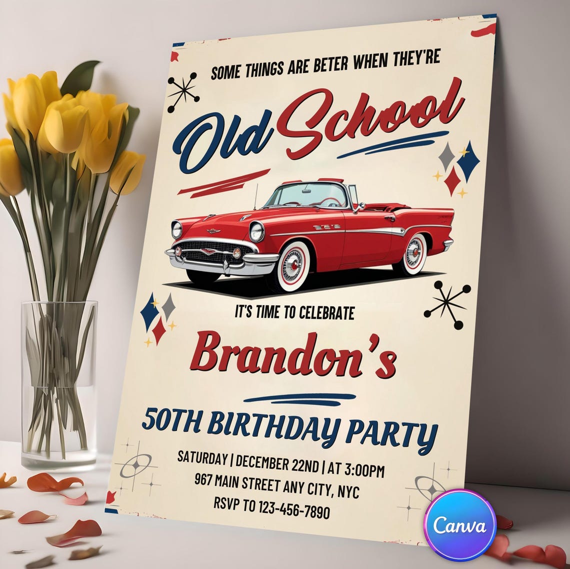 Classic Car Birthday Invitation, Retro Vintage 1950s Invitation ...