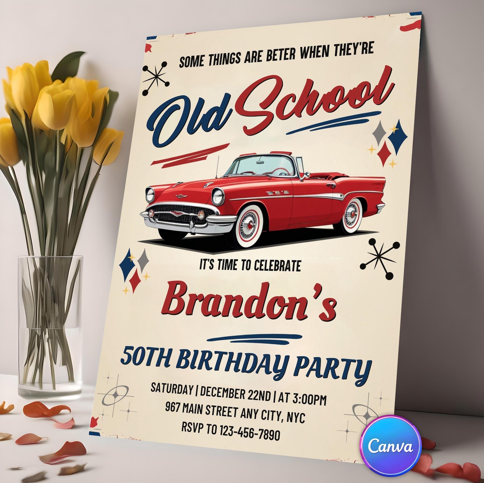 Classic Car Birthday Invitation, Retro Vintage 1950s Invitation ...
