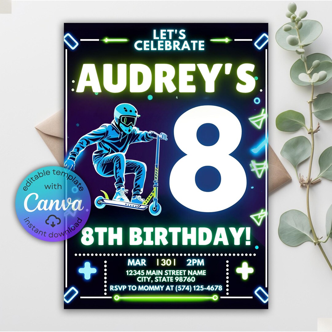 Neon Scooter Birthday Invitation, Skate Party (canva Template) - Etsy