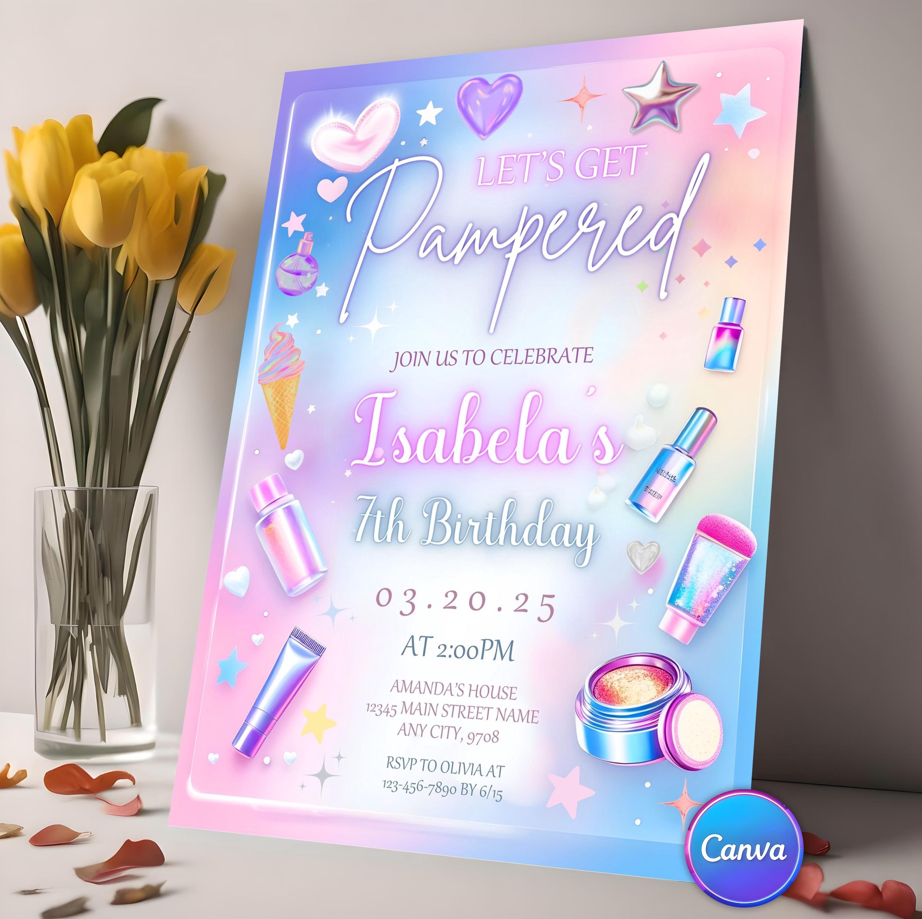 Pamper Birthday Invitation, Holographic Pamper Spa Invitation, Glitz ...