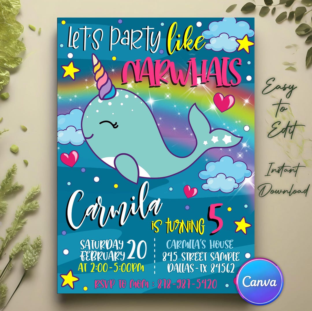 Narwhal Invitation, Narwhal Birthday Invitation, Narwhal Invite, Under ...