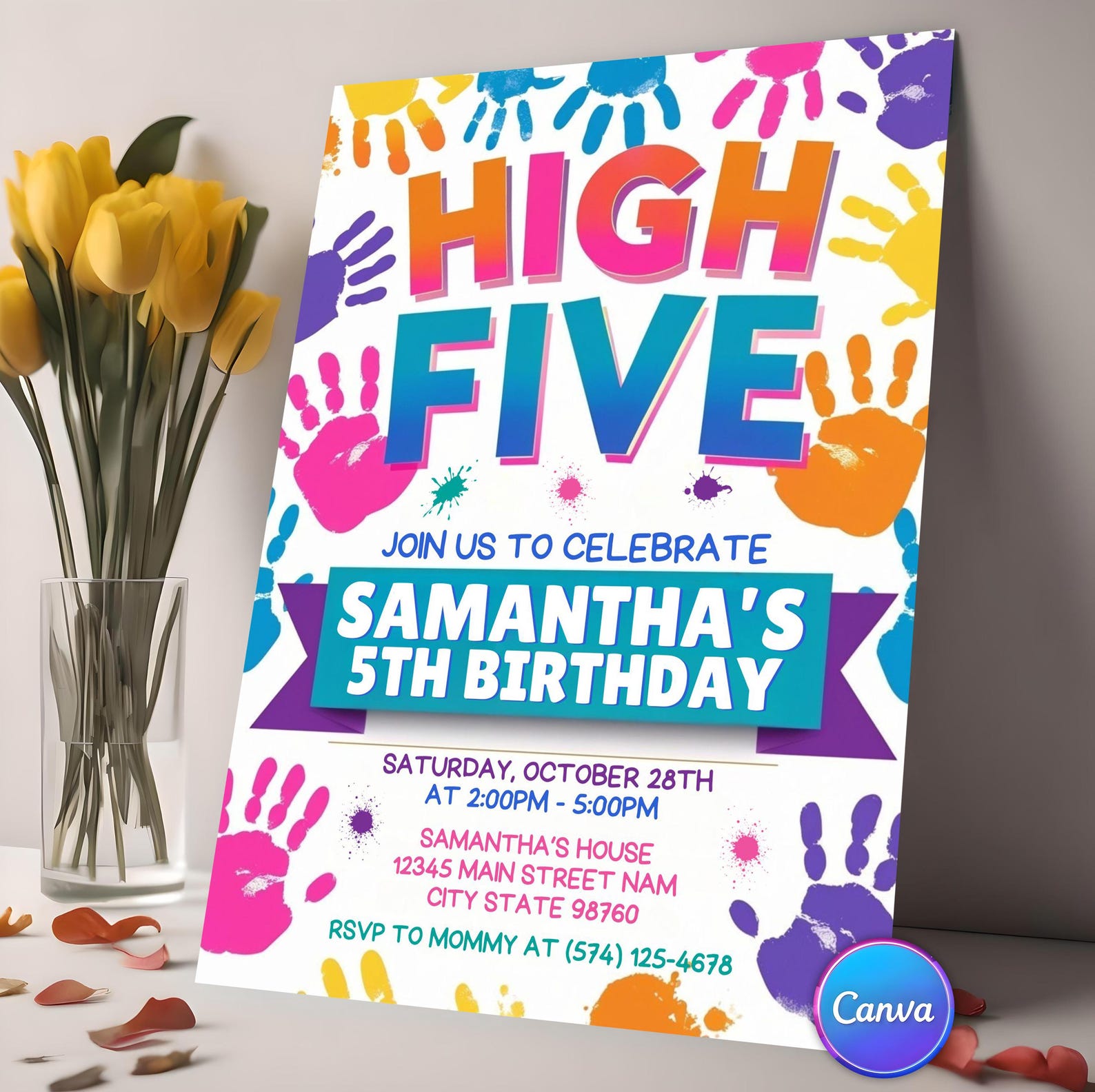 Colorful High Five 5th Birthday Invitation, Paint Handprints (canva ...