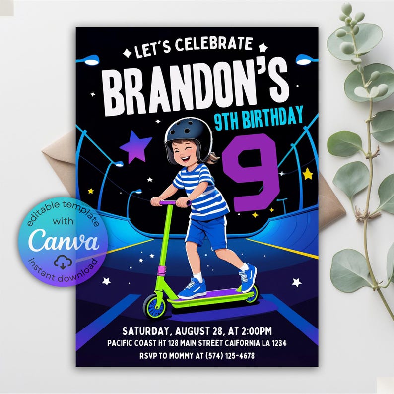 Scooter Birthday Invitation, Skate Park Party (canva Template) - Etsy