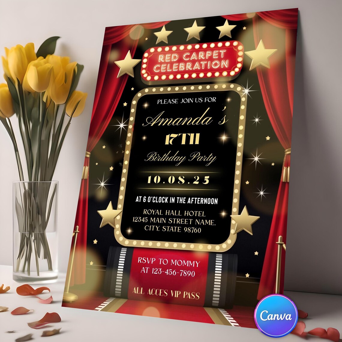 Red Carpet Birthday Invitation, Star VIP Pass Party Invite, Hollywood ...