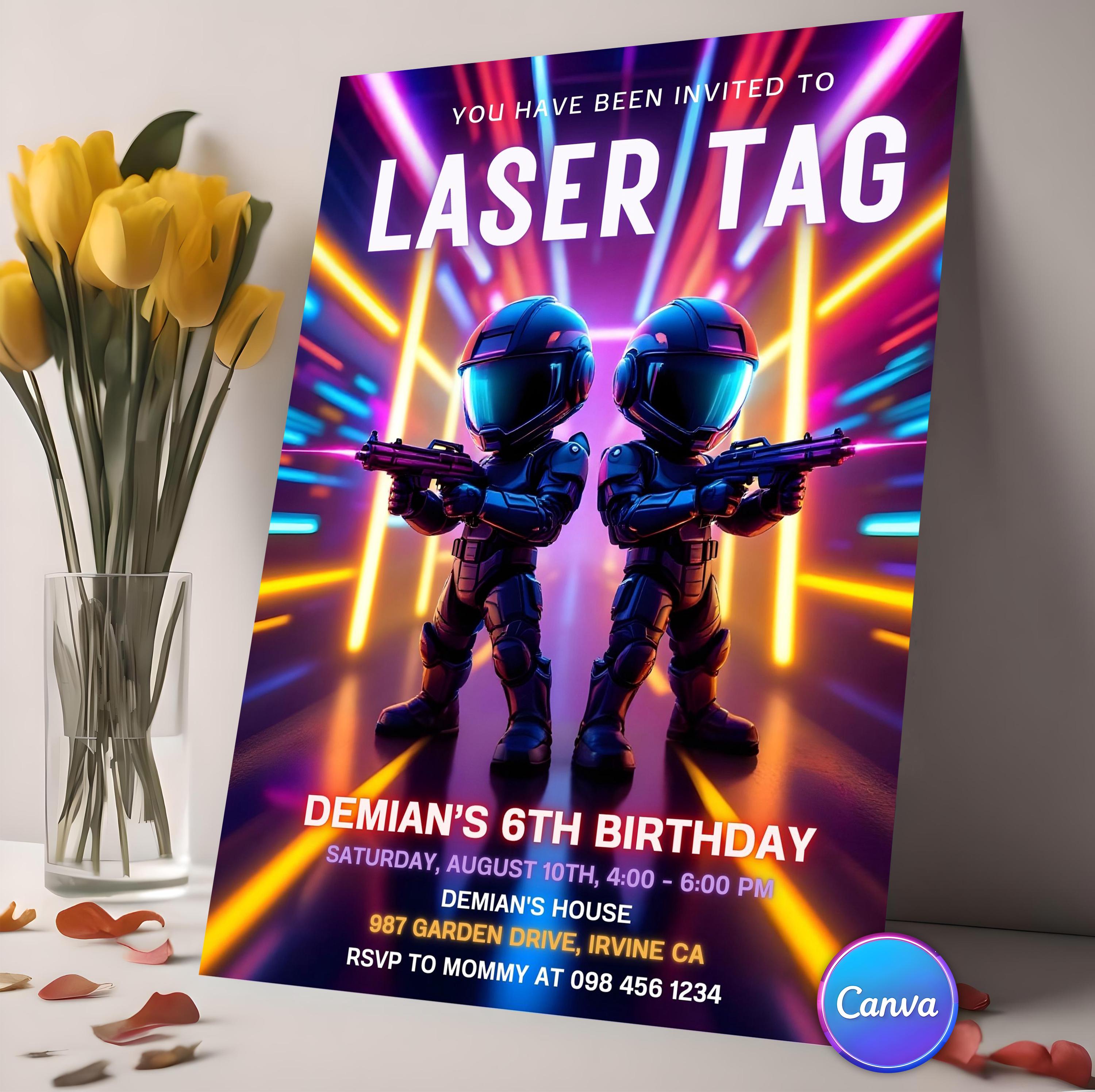 Editable Laser Tag Birthday Invitation, Neon Red Glow Laser Tag, Laser ...
