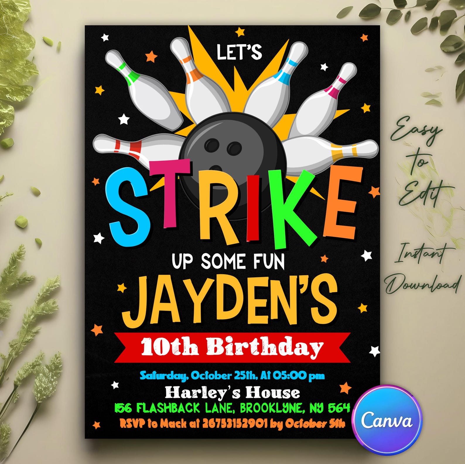 Bowling Birthday Invitation, Bowling Party Invite, Strike up Some Fun ...