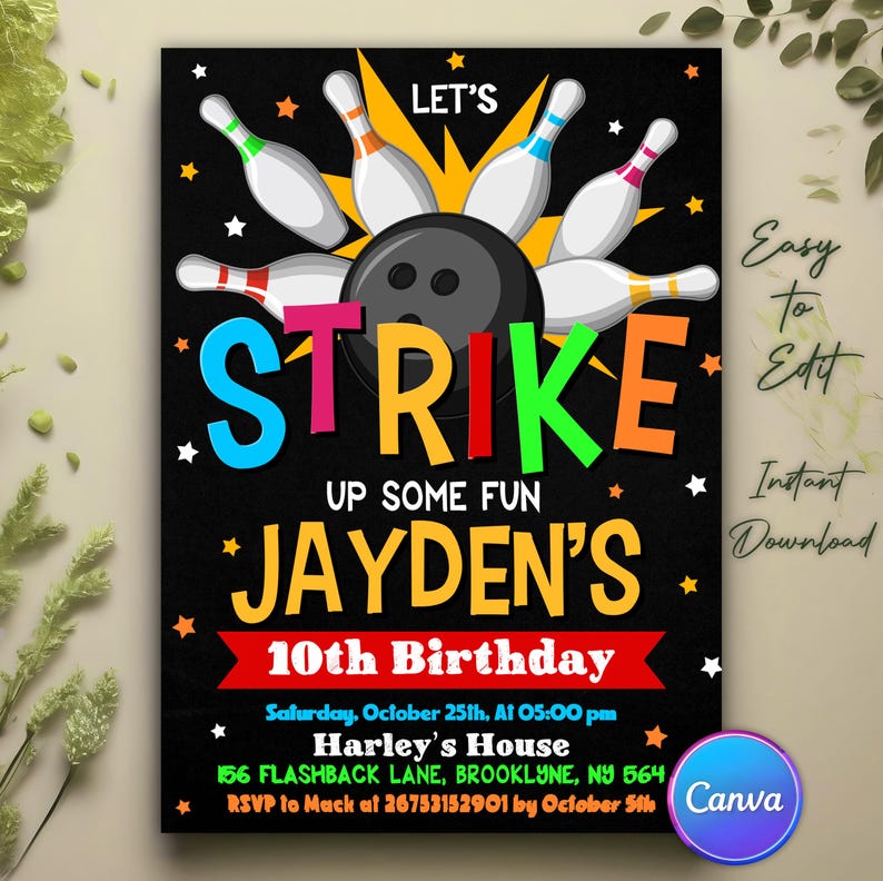Bowling Birthday Invitation, Bowling Party Invite, Strike up Some Fun ...