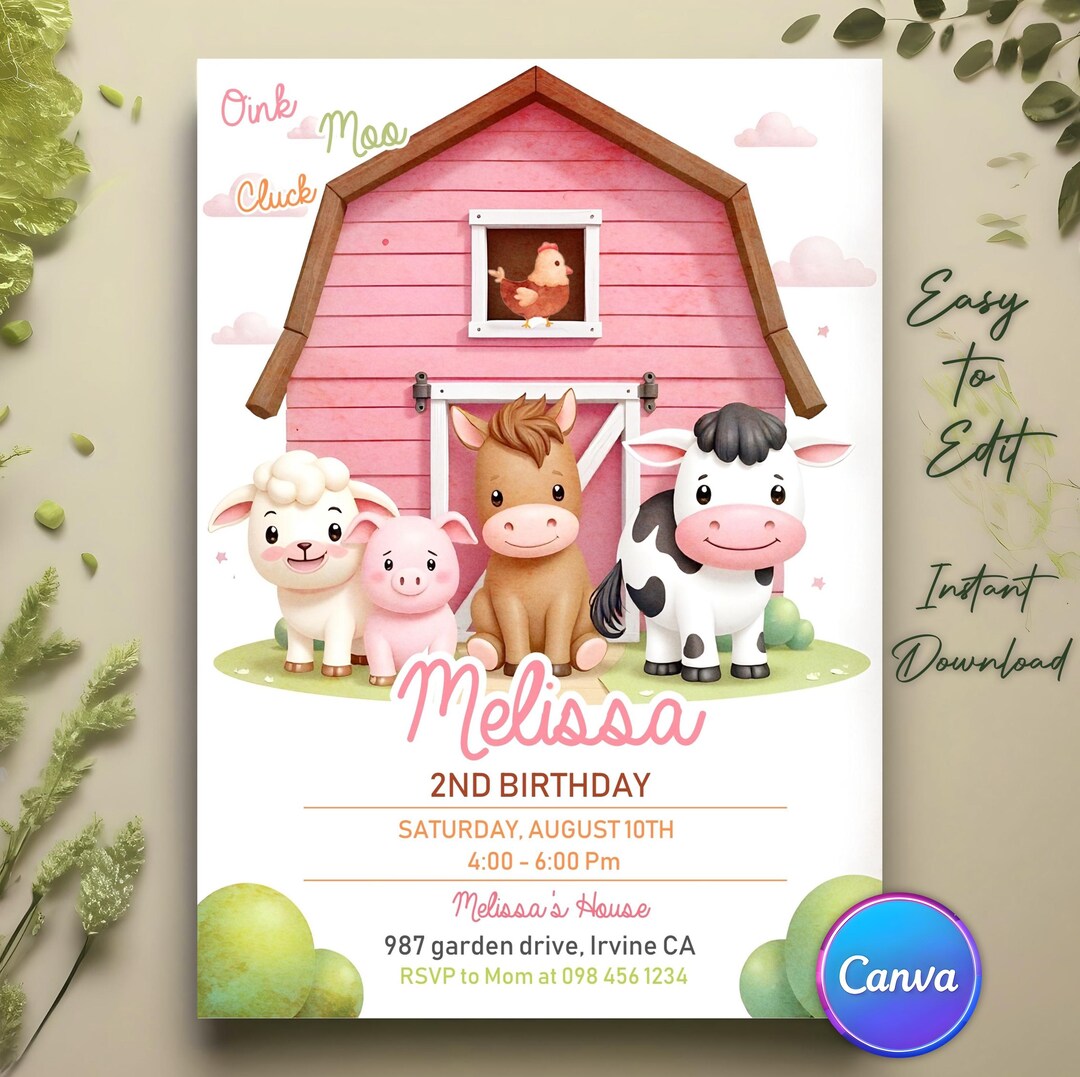 Pink Farm Birthday Invitation, Pink Barn Party Invite, Cute Farm Invite ...