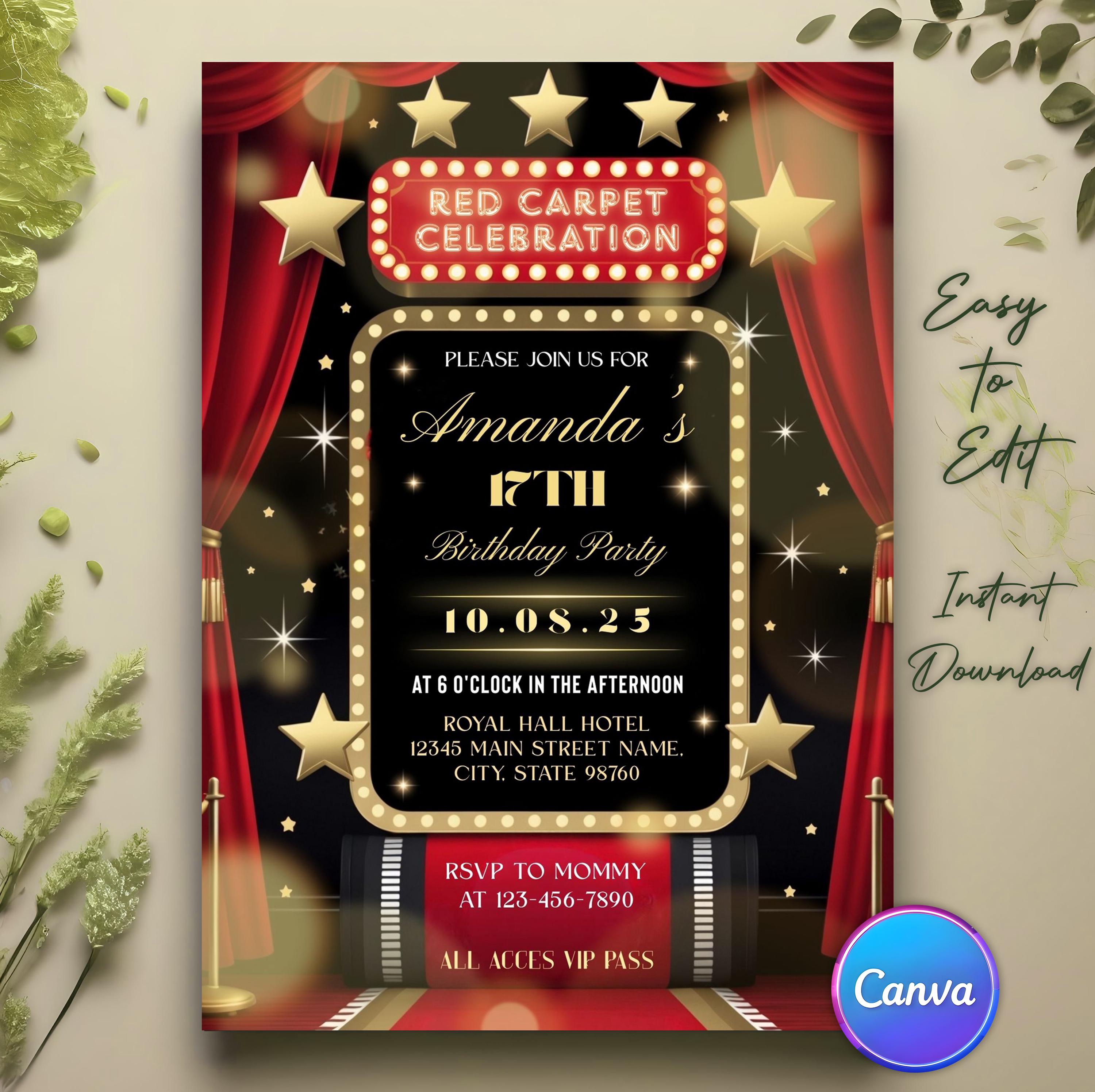 Red Carpet Birthday Invitation, Star VIP Pass Party Invite, Hollywood ...