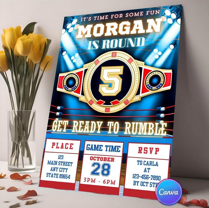 Editable Wrestling Birthday Invitation, Wrestling Championship Belt ...
