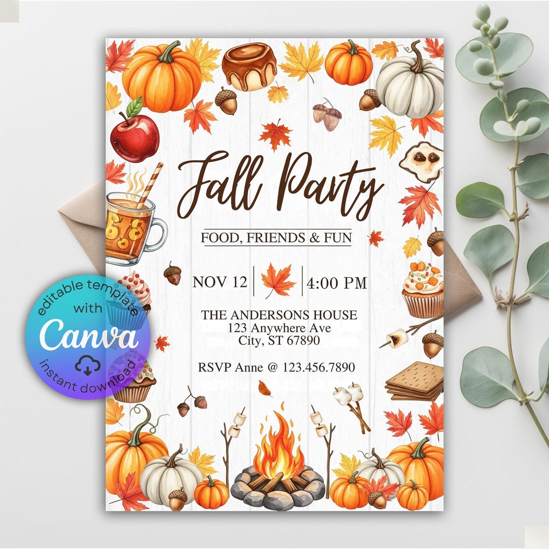 Fall Party Invitation, Pumpkins Bonfire Thanksgiving Invite (digital ...