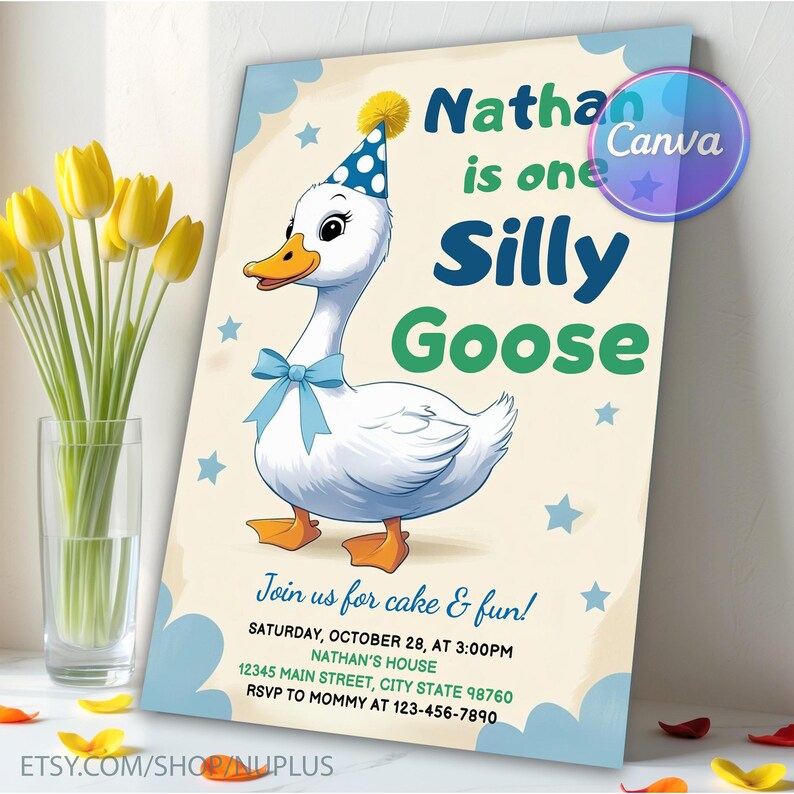 Silly Goose 1st Birthday Invitation, DIY Canva Template (digital ...