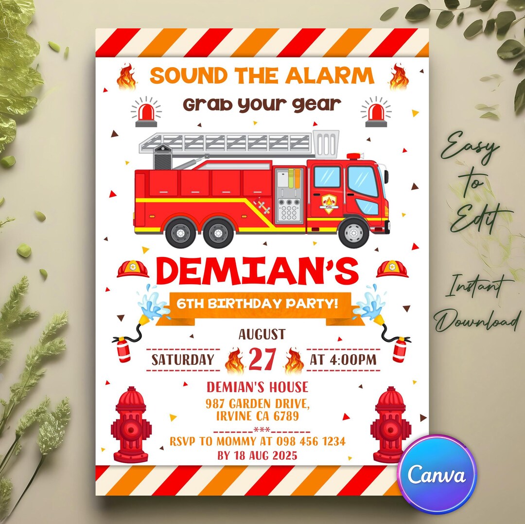 Fire Truck Birthday Invitation, Fire Engine Invites, Firetruck ...