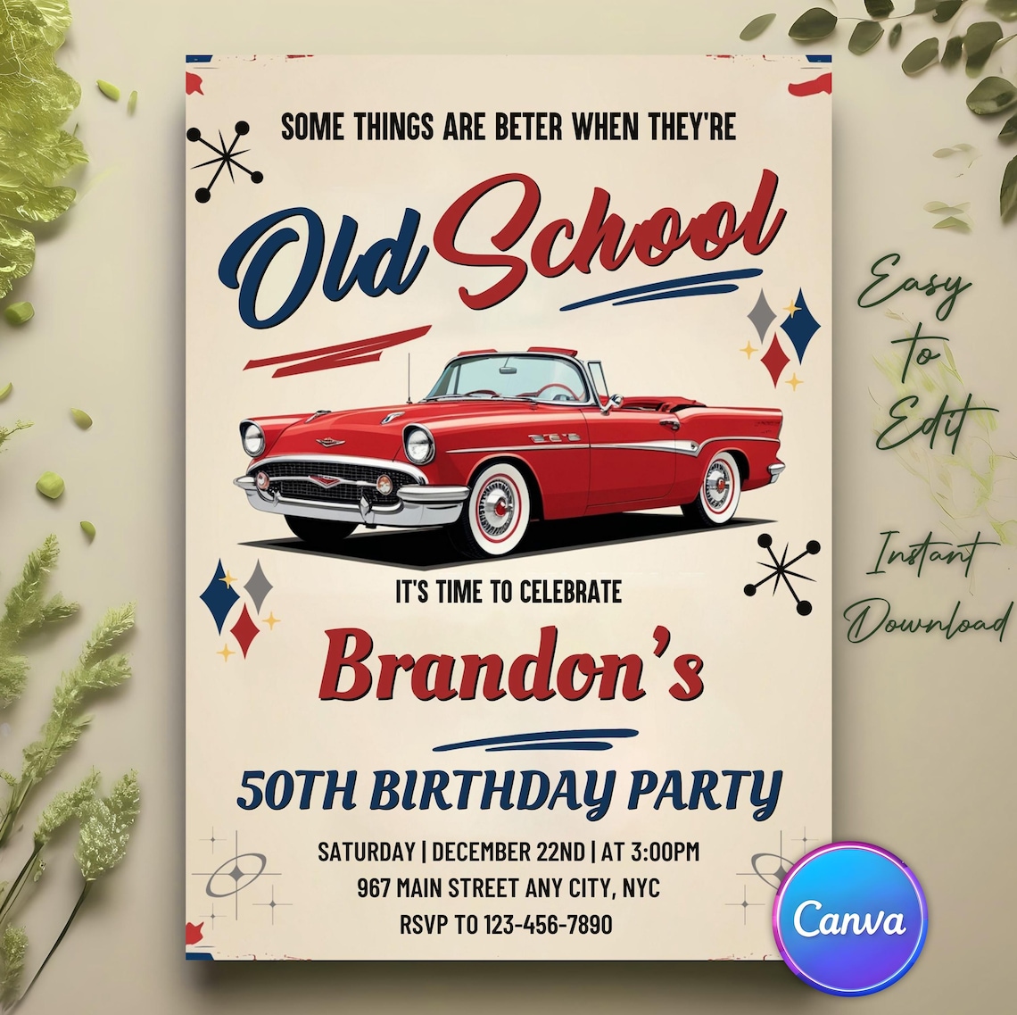 Classic Car Birthday Invitation, Retro Vintage 1950s Invitation ...